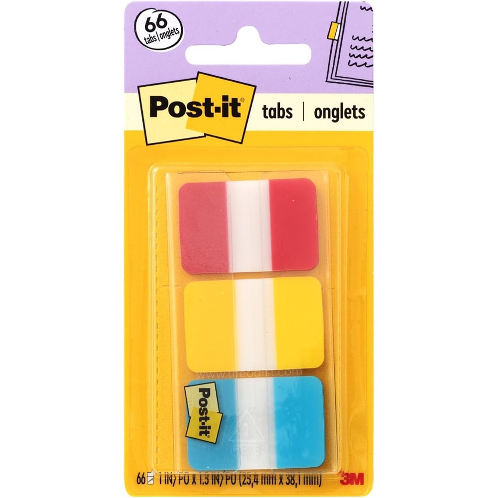 Post-it 66 Tabs/Onglets, 1 IN/PO (25.4mm x 38.1mm) Red, Yellow, Blue 3M ...