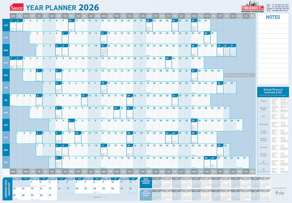 Sasco 2026 Wall Year Planner 874x607mm Theodist - Theodist