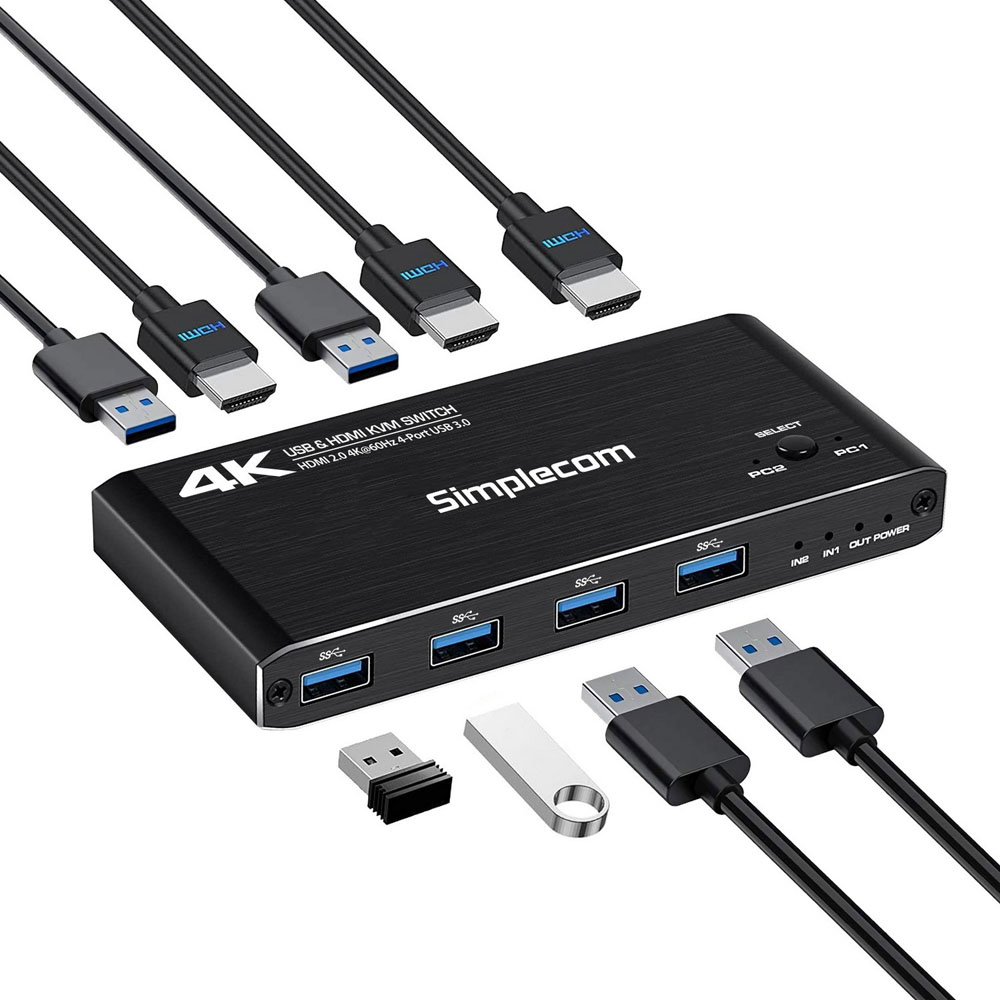 Simplecom KM420 2-Port KVM Switch HDMI 4-Port USB 3.0 Hub Adaptor ...